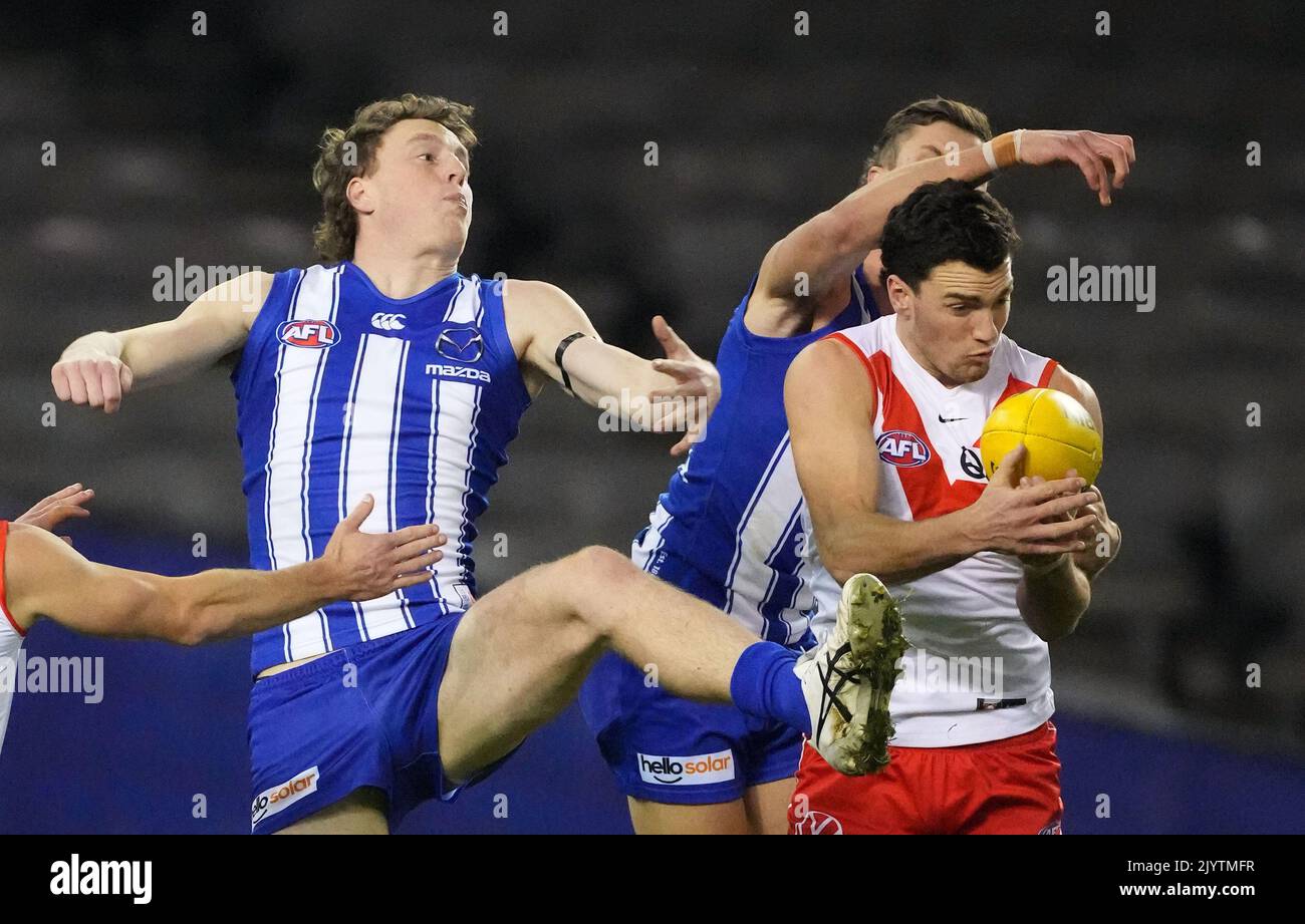 Tom McCartin of the Swans marks the ball during the AFL Round 22 match ...