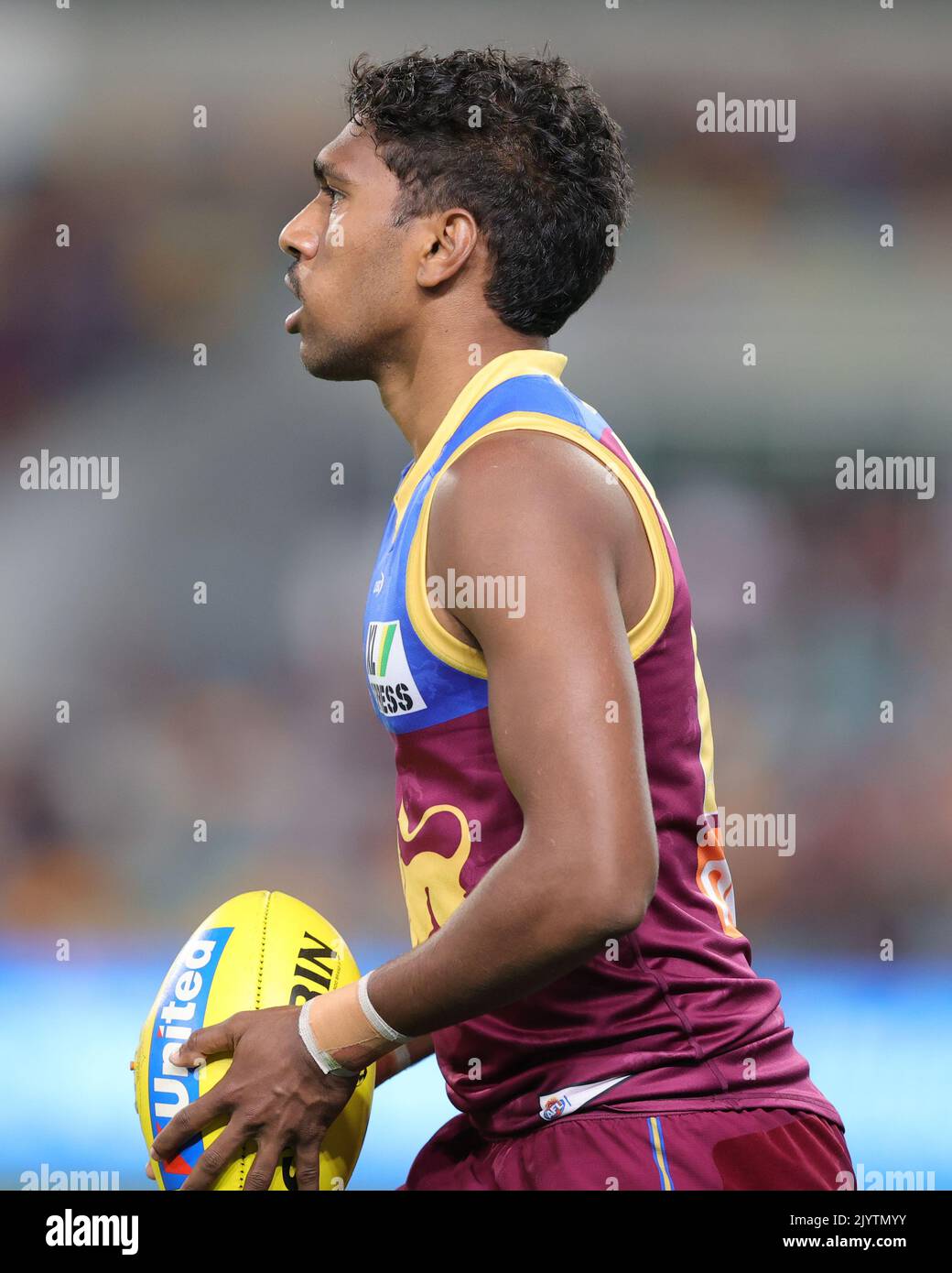 Keidean Coleman of the Lions assesses his options during the AFL Round ...