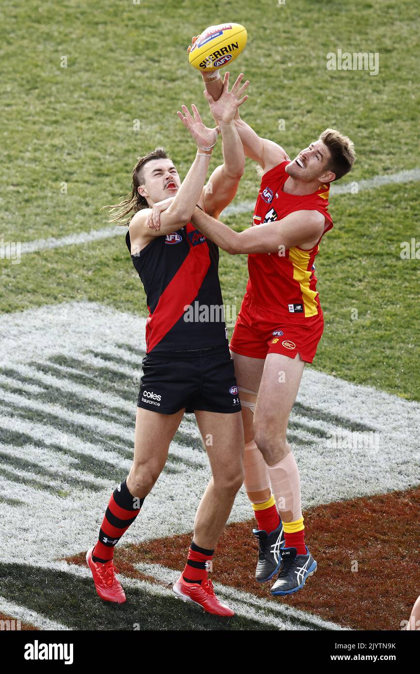 Sam Draper of the Bombers and Zac Smith of the Suns contest the ruck ...