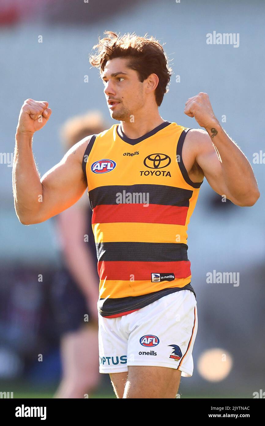 Shane McAdam of the Adelaide Crows reacts after kicking a goal during ...