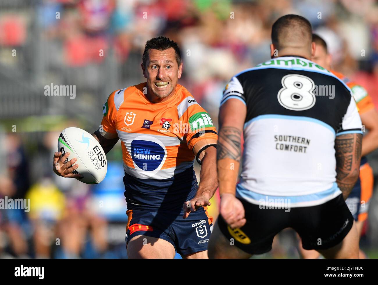 Mitchell Pearce (left) of the Knights in action during the NRL Round 22 ...