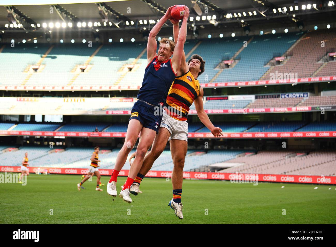 Harrison Petty of the Demons (left) and Darcy Fogarty of the Adelaide ...