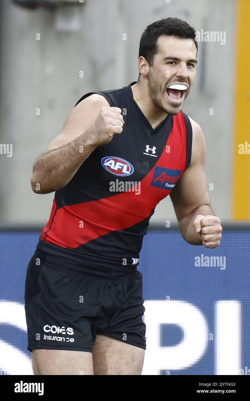 Alec Waterman of the Bombers celebrates a goal during the AFL Round 22 ...