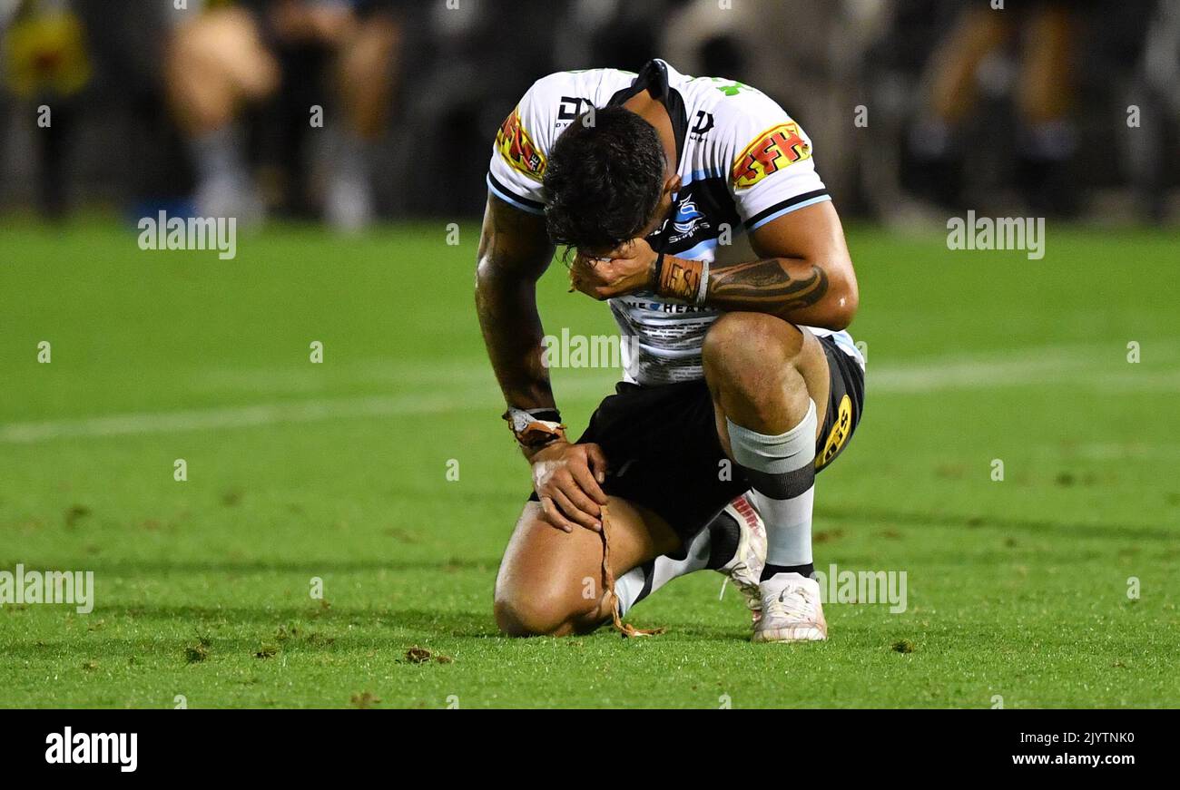 Briton Nikora of the Sharks is seen after losing the NRL Round 22 match ...