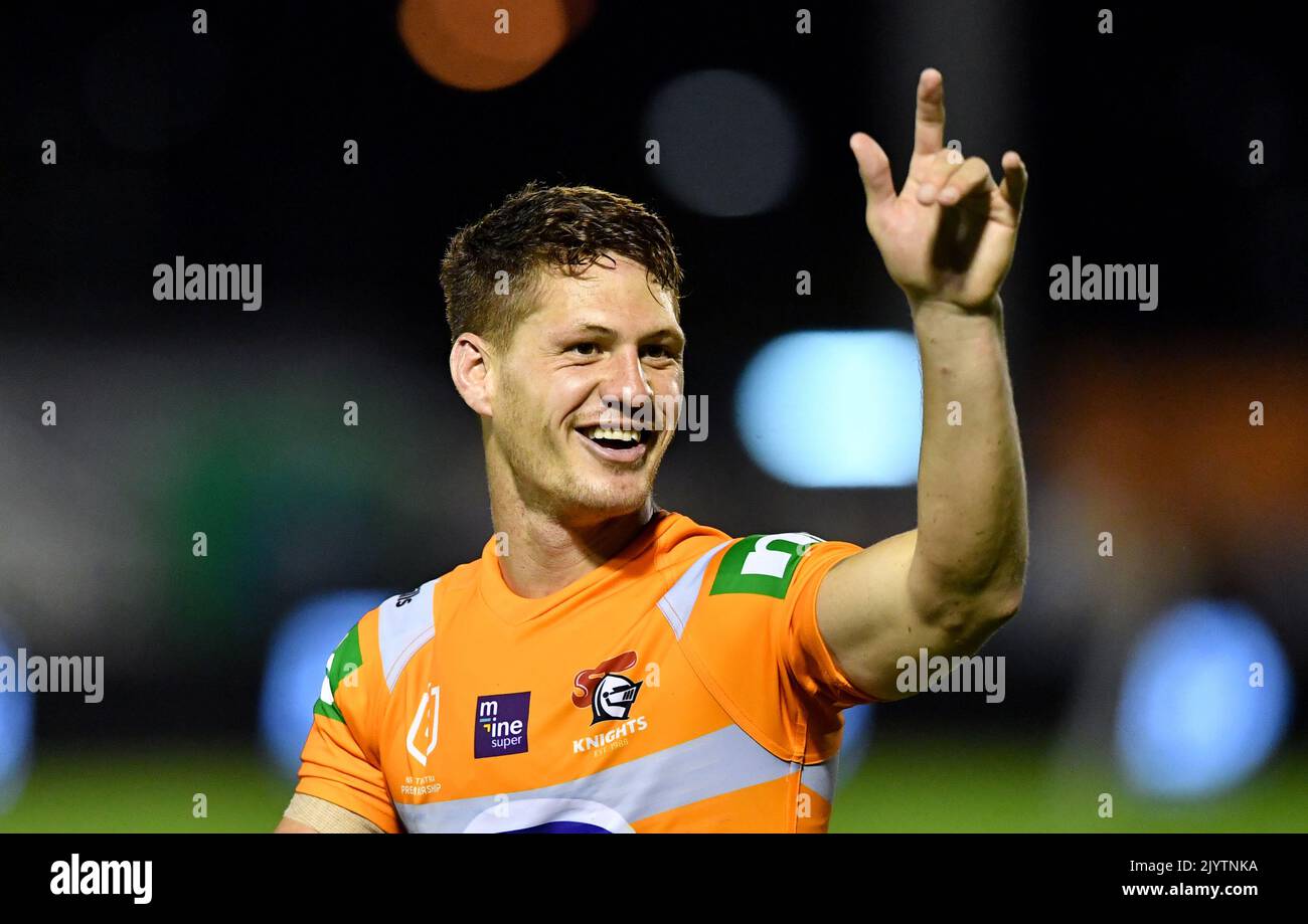 Kalyn Ponga of the Knights celebrates winning the NRL Round 22 match ...