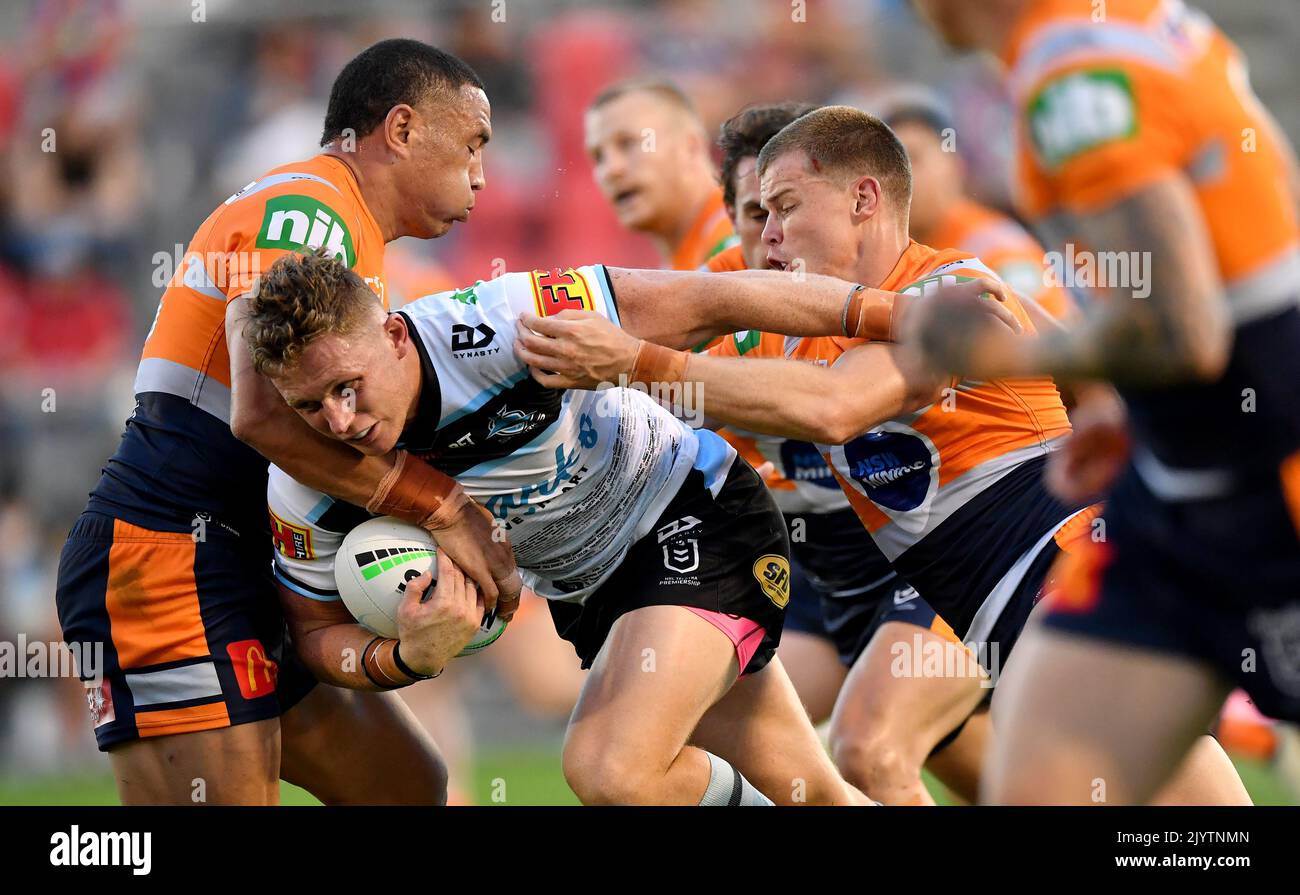 Jack Williams (centre) of the Sharks in action during the NRL Round 22 ...