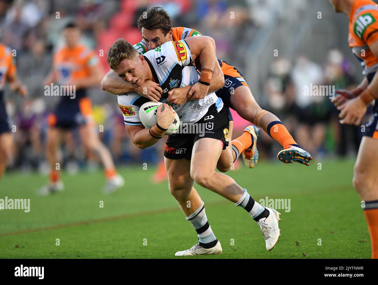 Jack Williams (left) of the Sharks in action during the NRL Round 22 ...