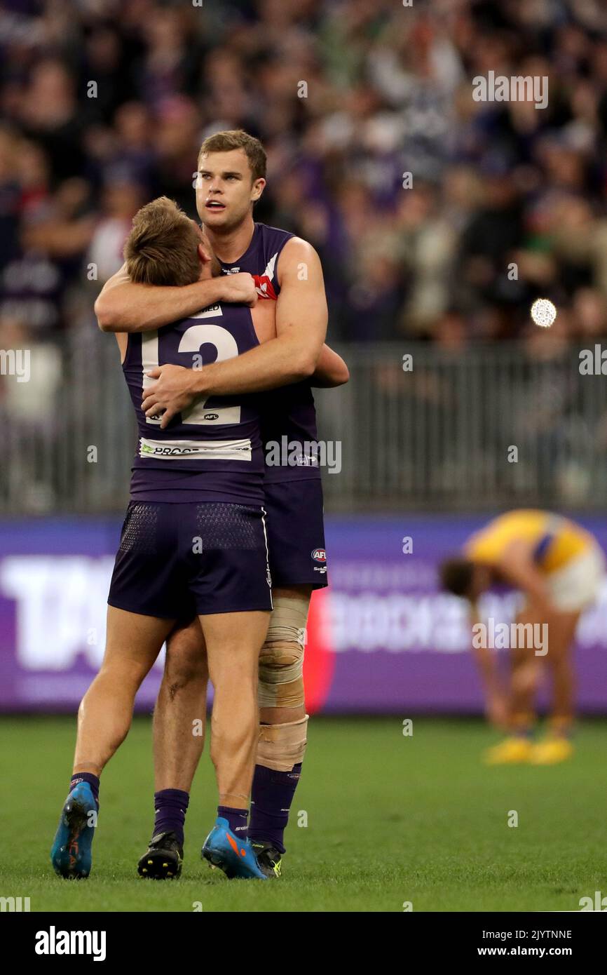 Sean Darcy and Mitchell Crowden of the Dockers celebrates after winning ...