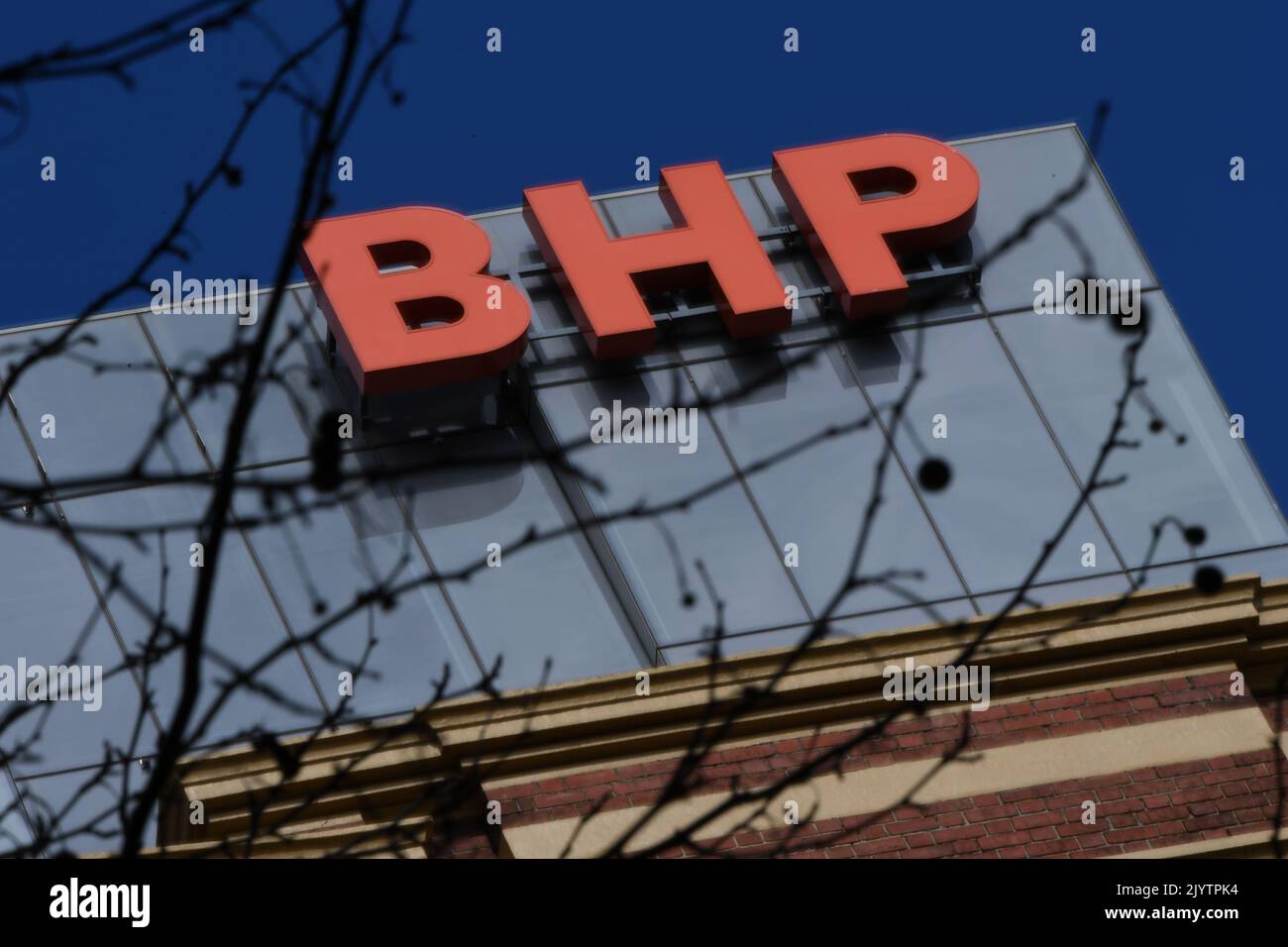 Signage for BHP is seen in Melbourne, Tuesday, August 17, 2021. (AAP ...