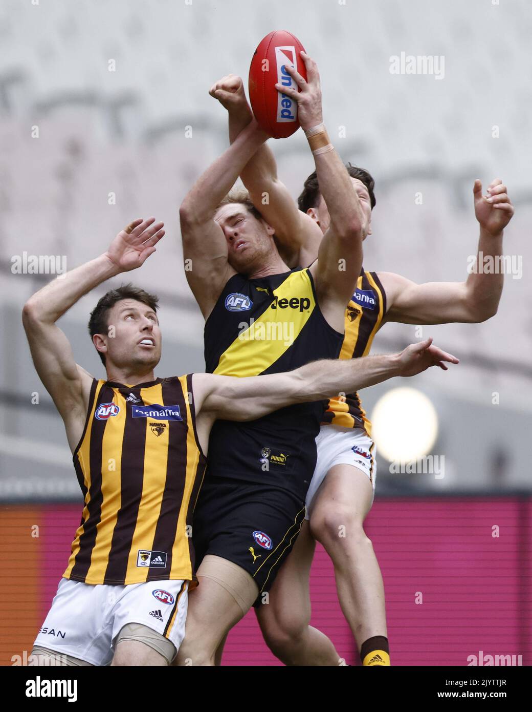 David Astbury of the Tigers marks the ball during the AFL Round 23 ...