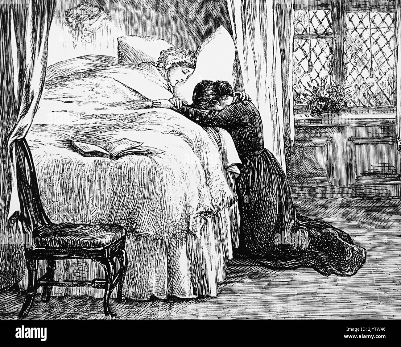 Illustration depicting a daughter weeping at her mother's deathbed ...