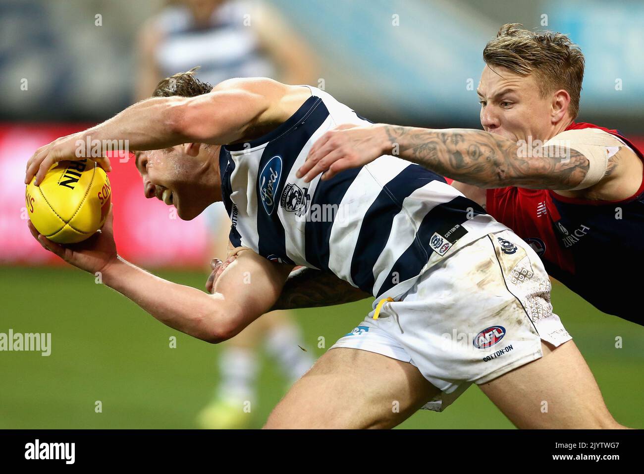 Tom Atkins of the cats is tackled during the AFL Round 23 between the ...