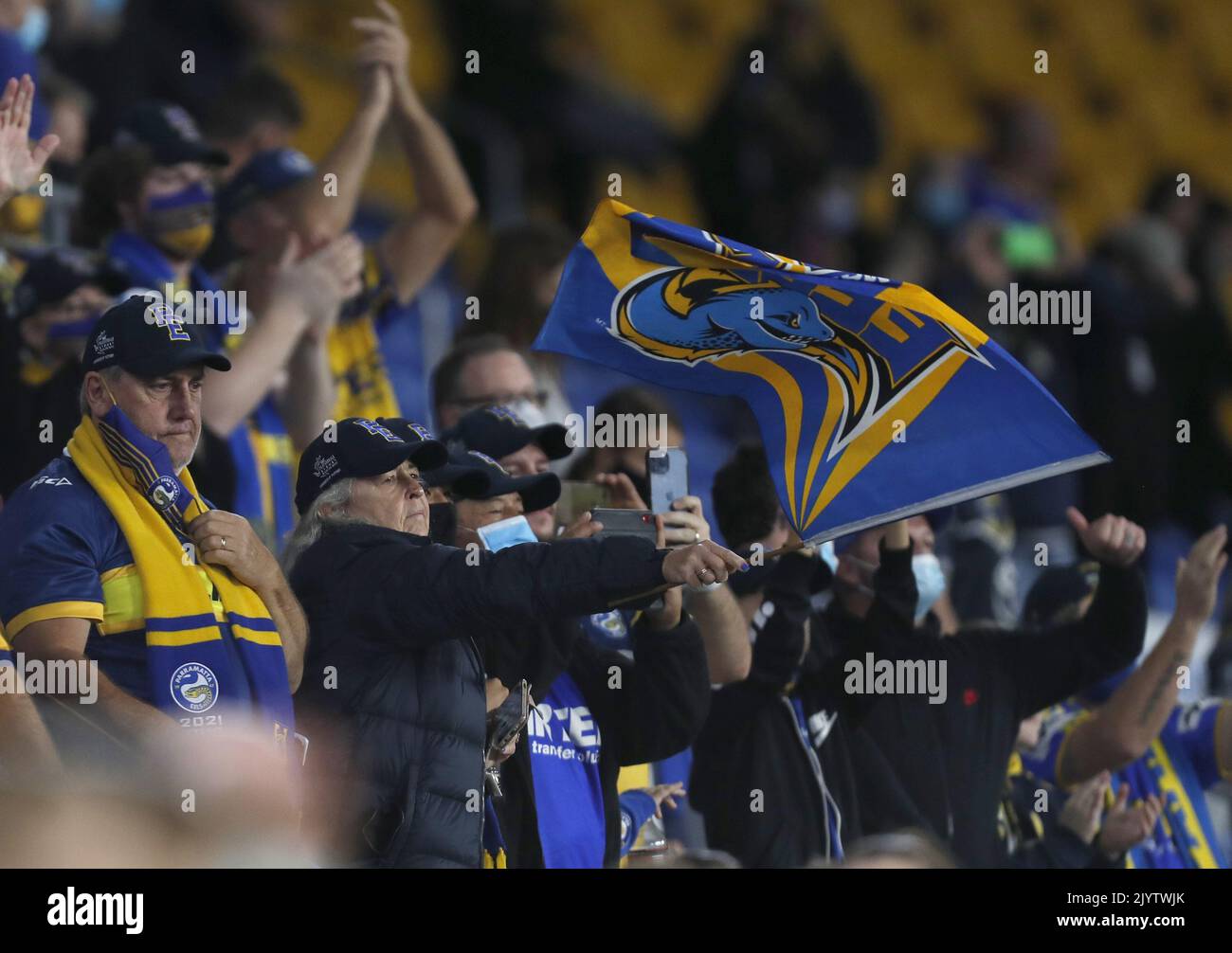 Parramatta Eels supporters cheer their team at the end of the NRL Round ...