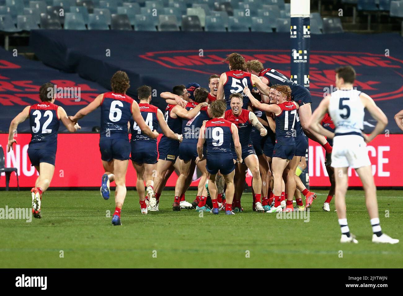Demons players celebrates a win during the AFL Round 23 between the ...