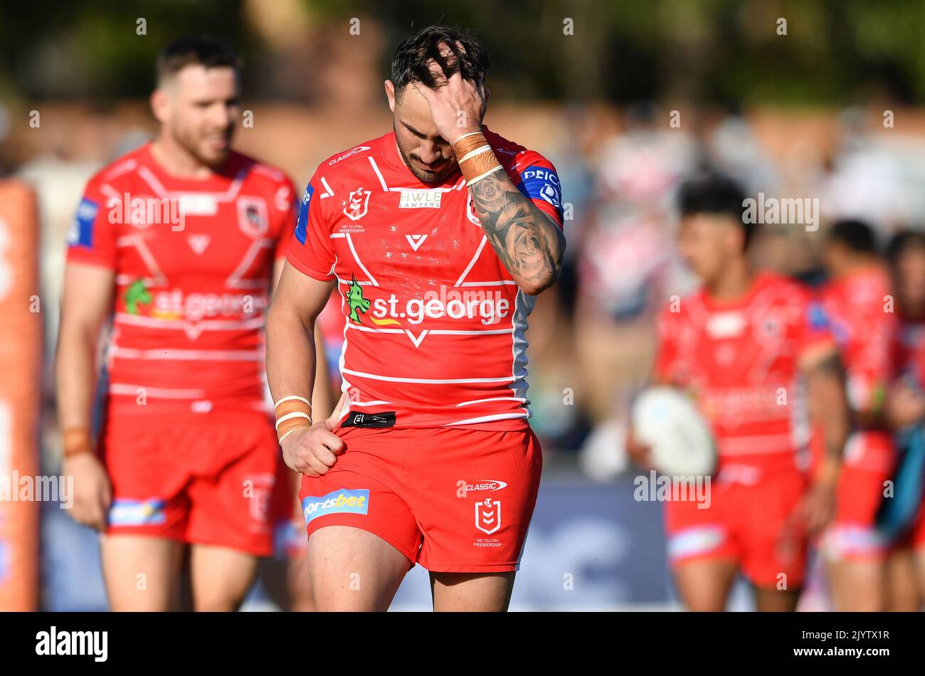Jack Bird (centre) of the Dragons reacts during the Round 23 NRL match ...