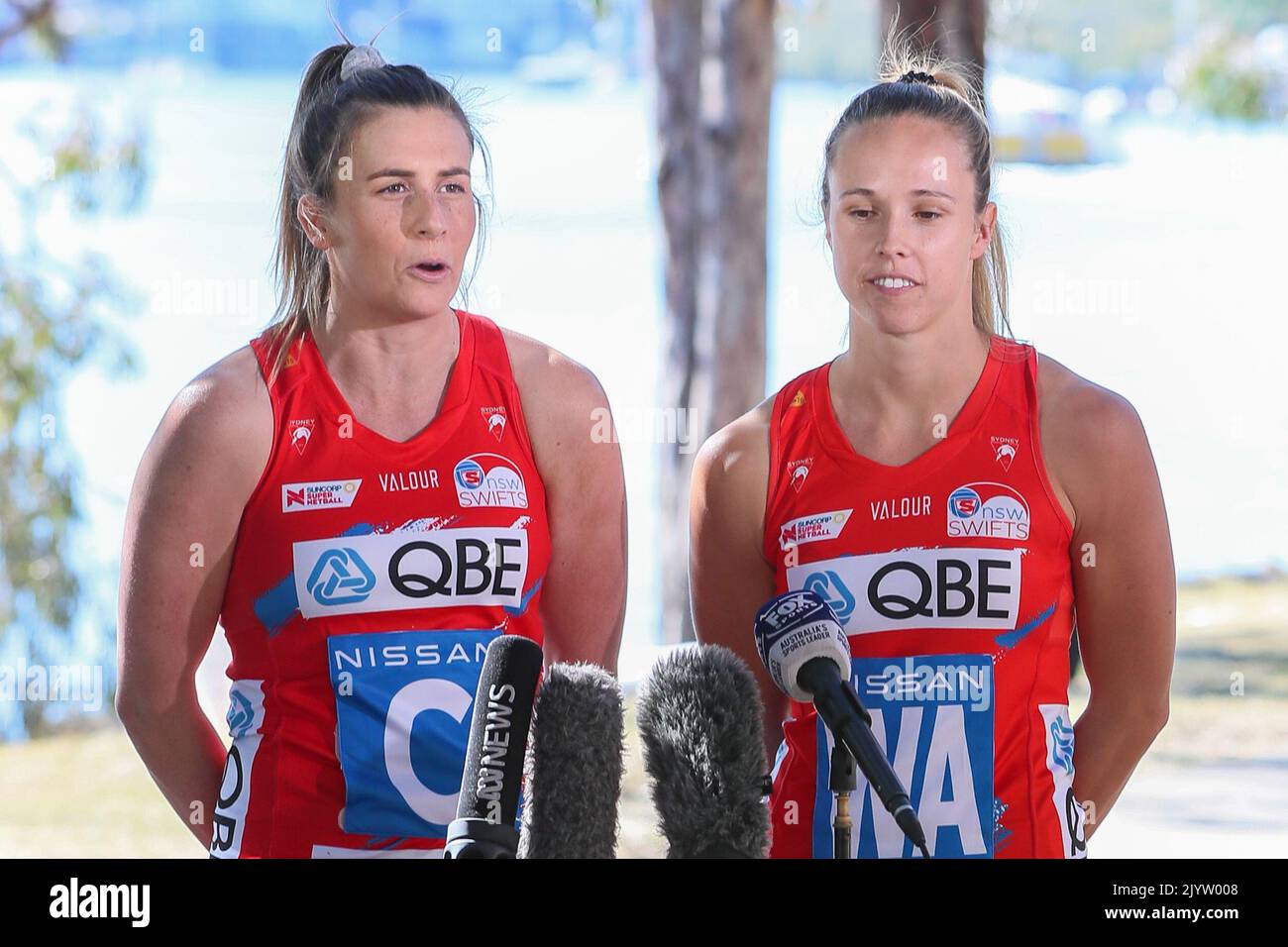 Maddison Levi and Paige Hadley of the NSW Swifts front the media during ...