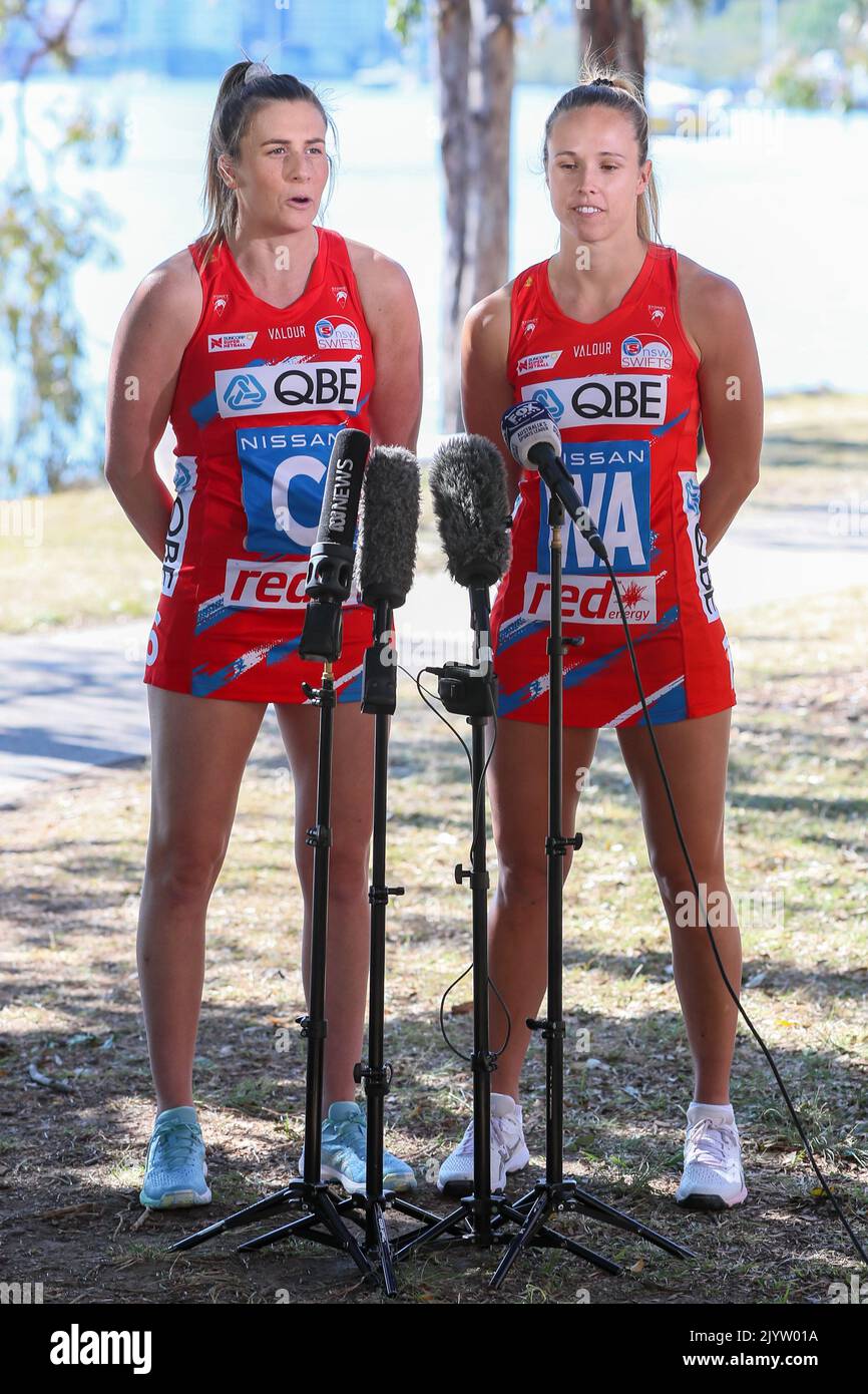 Maddison Levi and Paige Hadley of the NSW Swifts front the media during ...