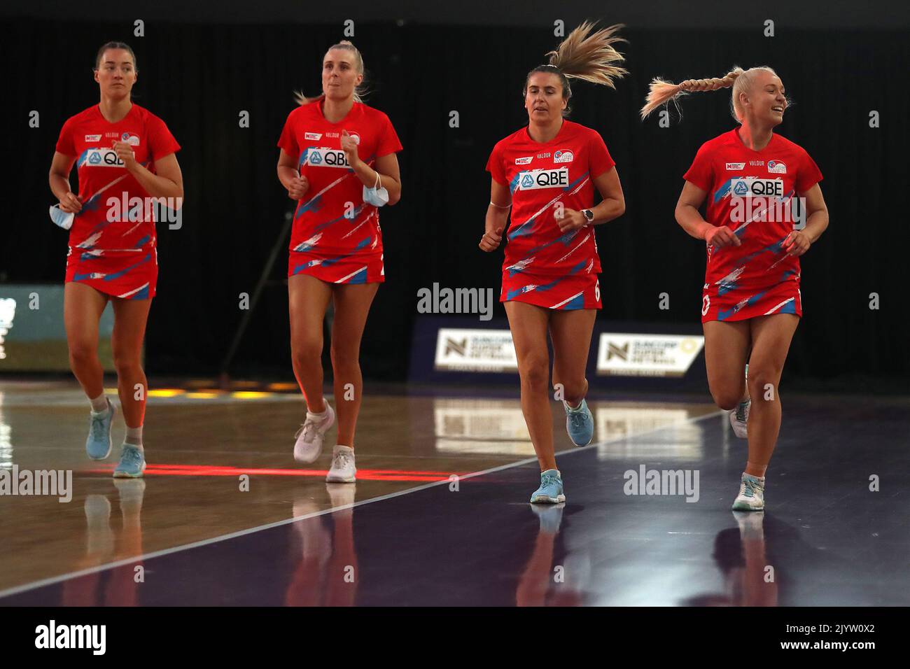 The Swifts warm up during the Super Netball Grand Final match between ...