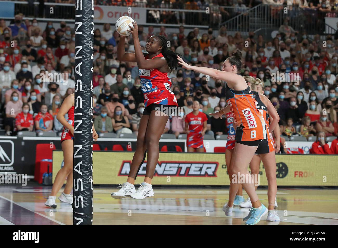 Sam Wallace of the Swifts catches the ball during the Super Netball ...