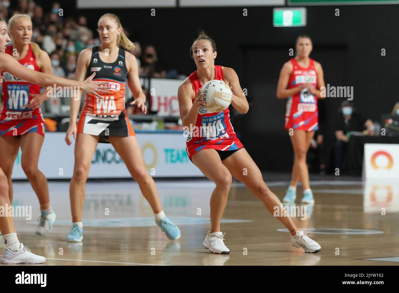 Paige Hadley of the Swifts catches the ball during the Super Netball ...