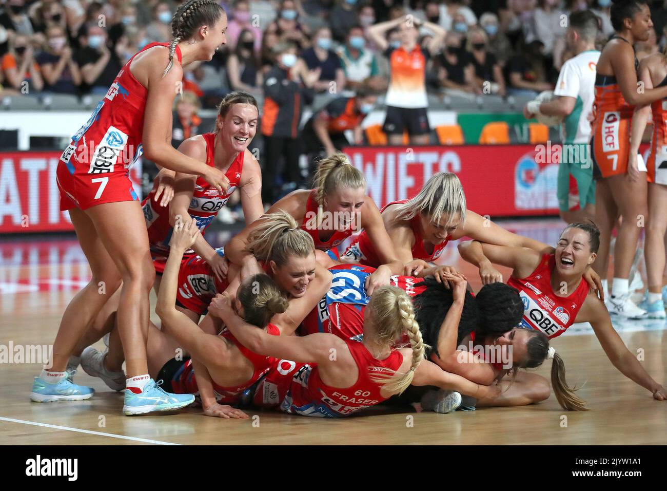 The Swifts celebrate the win during the Super Netball Grand Final match ...