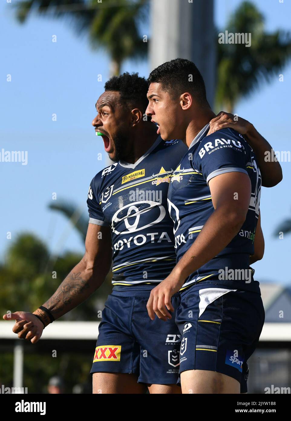 Hamiso Tabuai-Fidow (left) reacts with try-scorer Heilum Luki (right ...