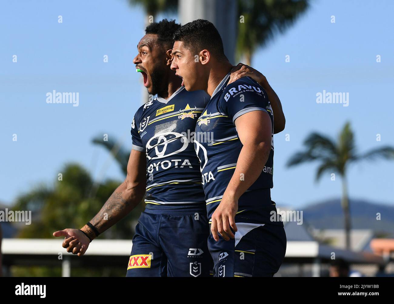 Hamiso Tabuai-Fidow (left) reacts with try-scorer Heilum Luki (right ...