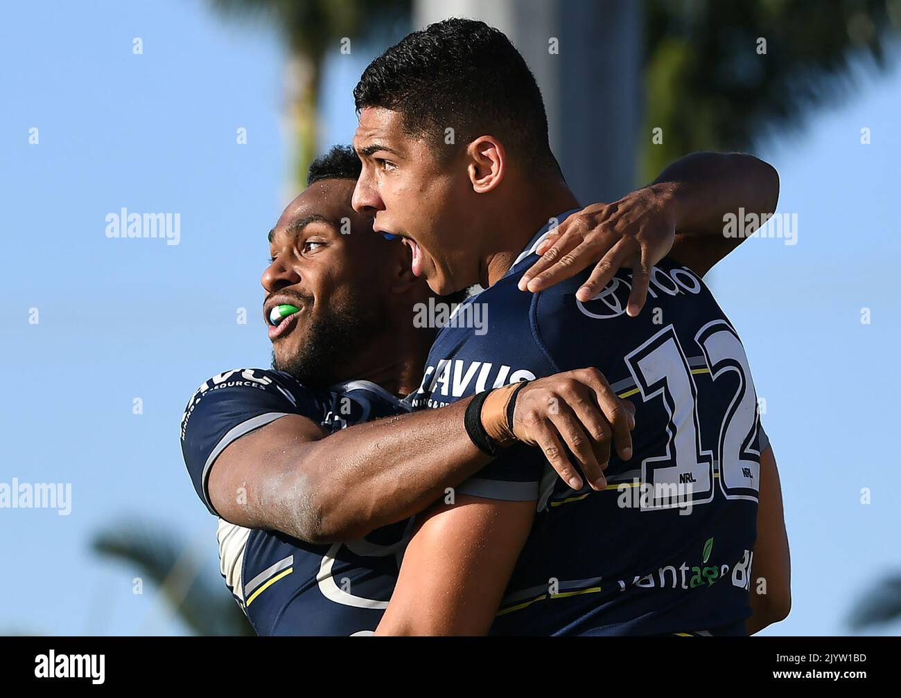 Hamiso Tabuai-Fidow (left) reacts with try-scorer Heilum Luki (right ...
