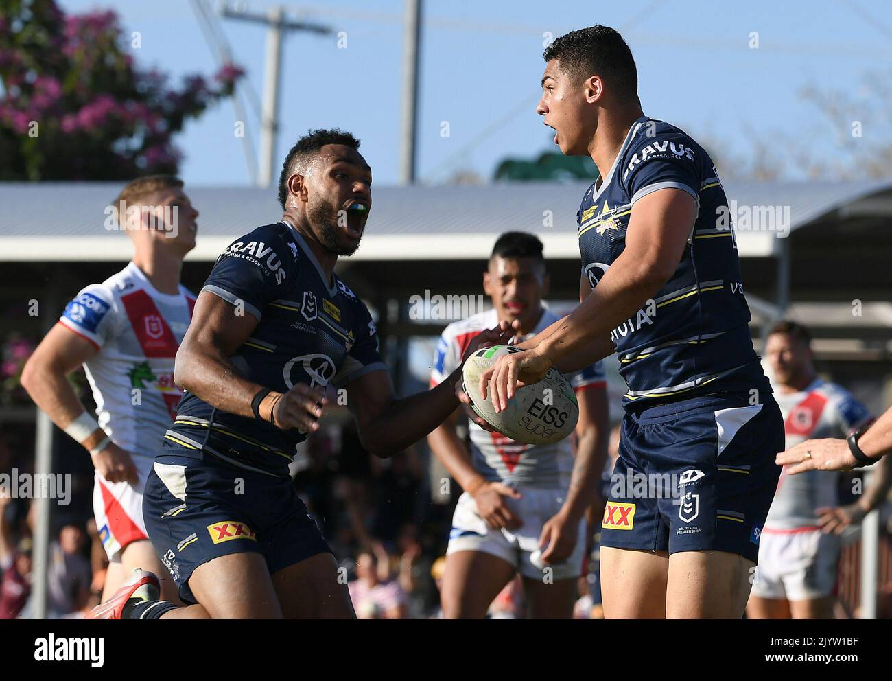 Hamiso Tabuai-Fidow (left) reacts with try-scorer Heilum Luki (right ...