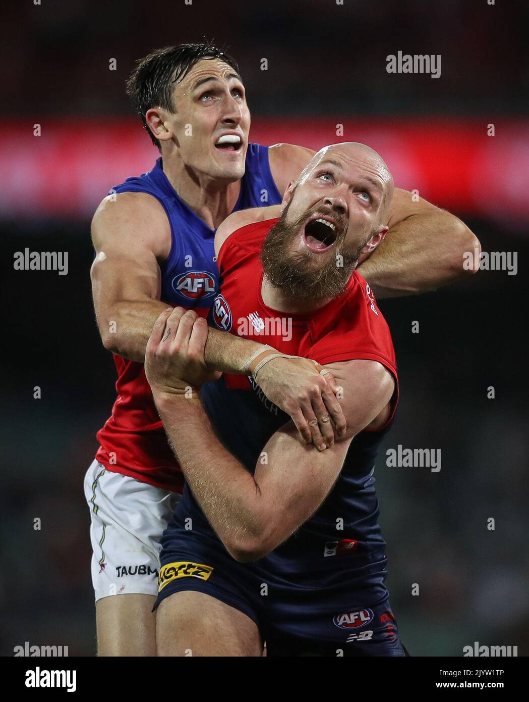 Oscar McInerney of the Lions and Max Gawn of the Demons compete in a ...