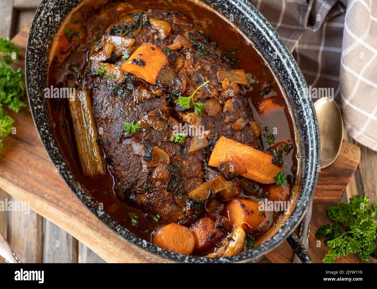 Meatloaf with brown gravy. Traditional german "Falscher Hase" or ...
