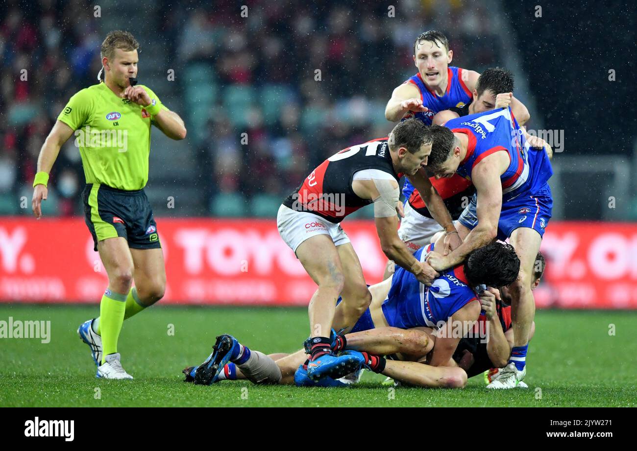 Players are seen involved in a melee during the AFL Elimination Final ...
