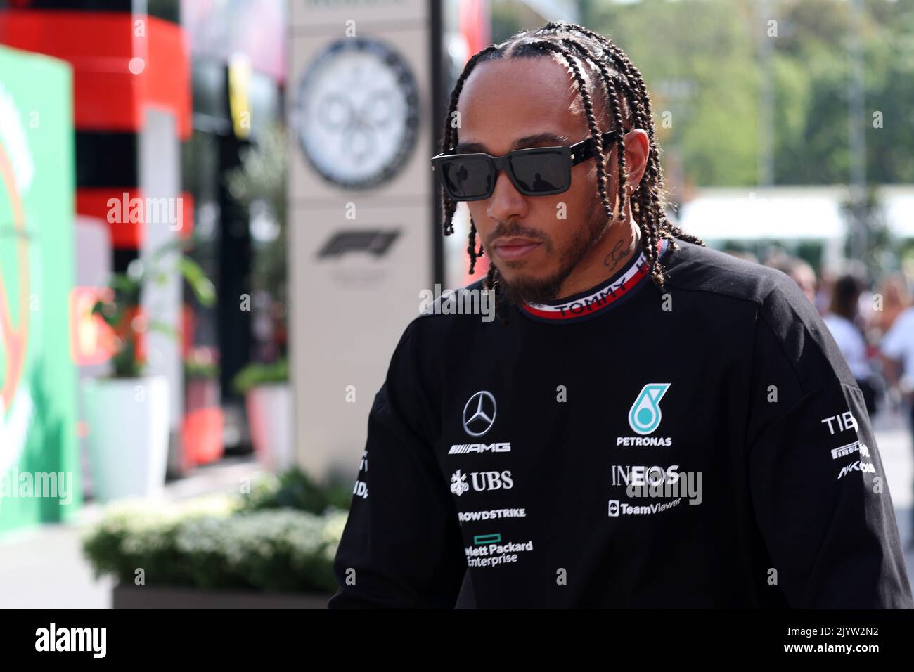 Lewis Hamilton of Mercedes AMG Petronas F1 Team in the paddock during ...