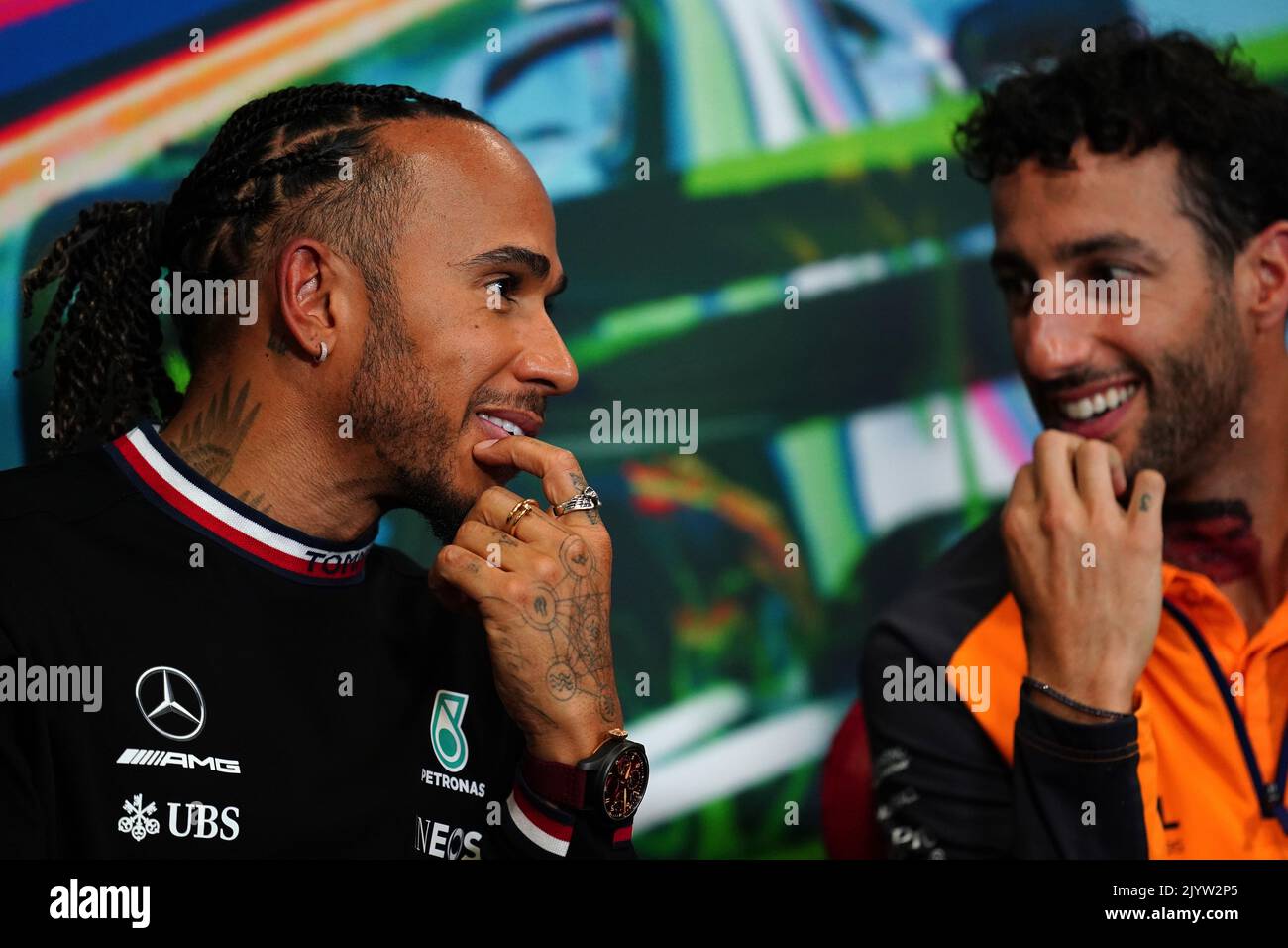Mercedes' Lewis Hamilton and McLaren's Daniel Ricciardo during the ...