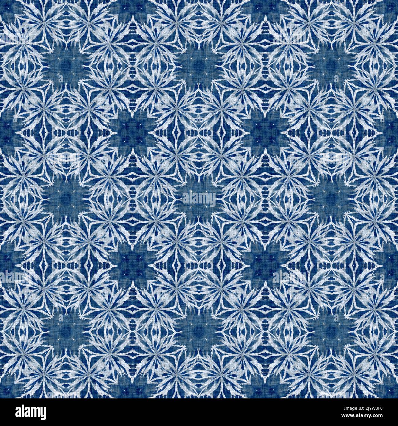 Indigo blue snow flake damask pattern background. Frosty painterly ...