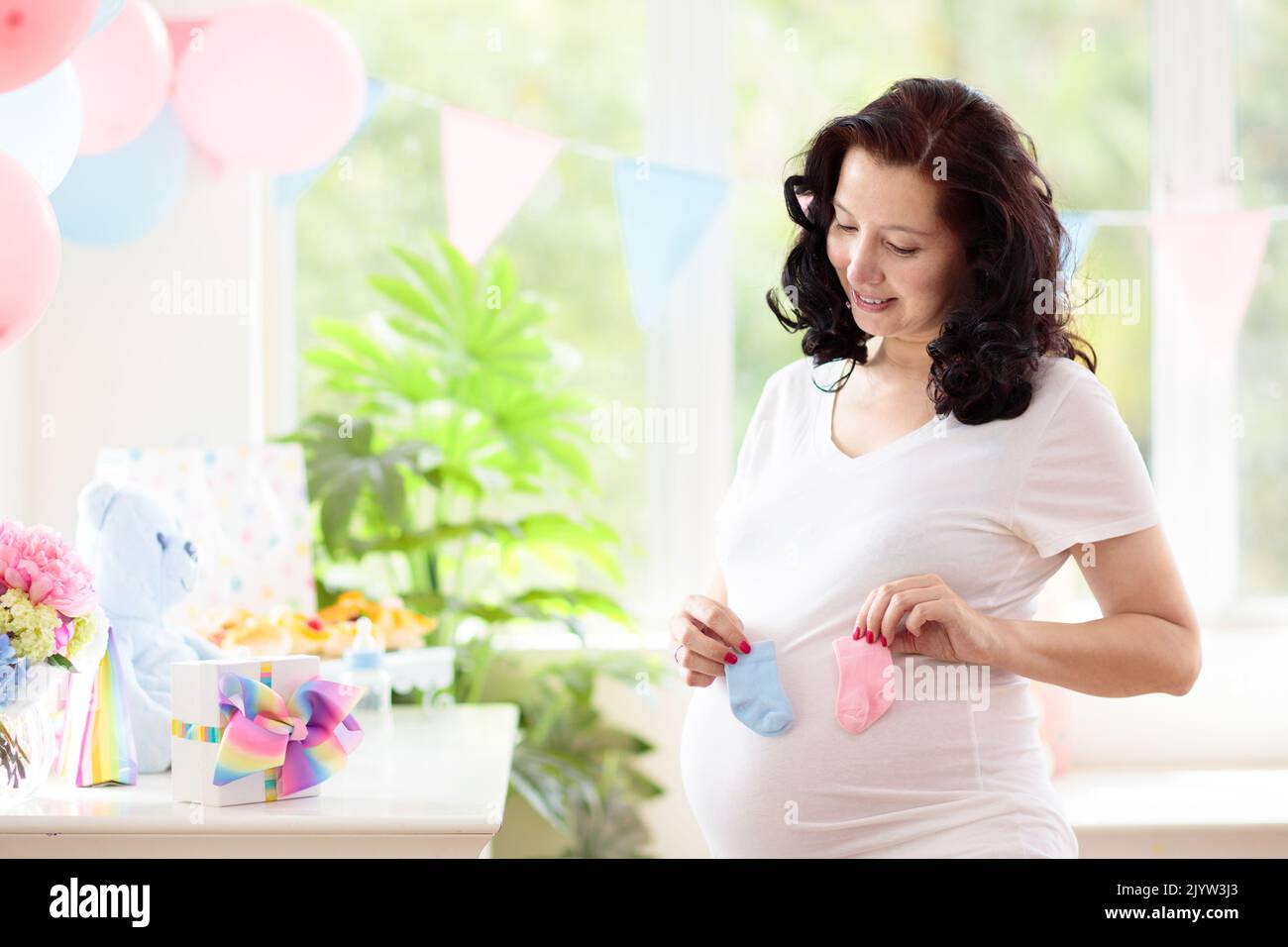 Baby shower or gender reveal party. Pregnancy celebration with friends ...