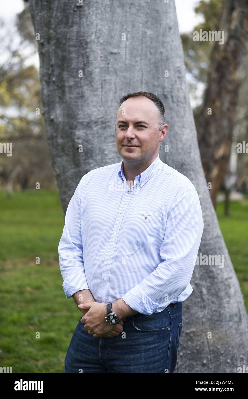 Citadel Group CEO Mark McConnell poses for photographs in Canberra, Friday, September 3, 2021 ...