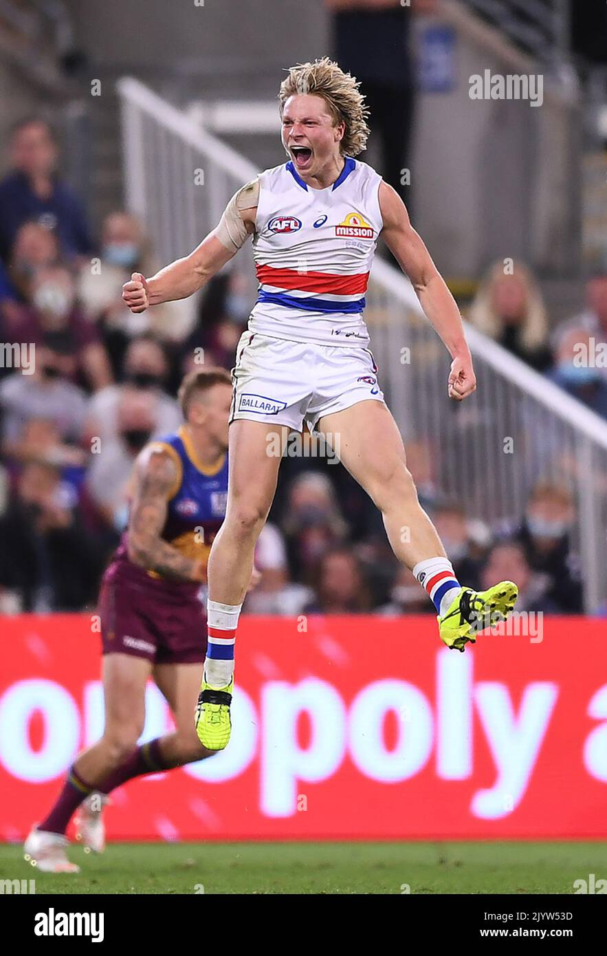 Cody Weightman of the Bulldogs reacts after kicking a goal during the ...