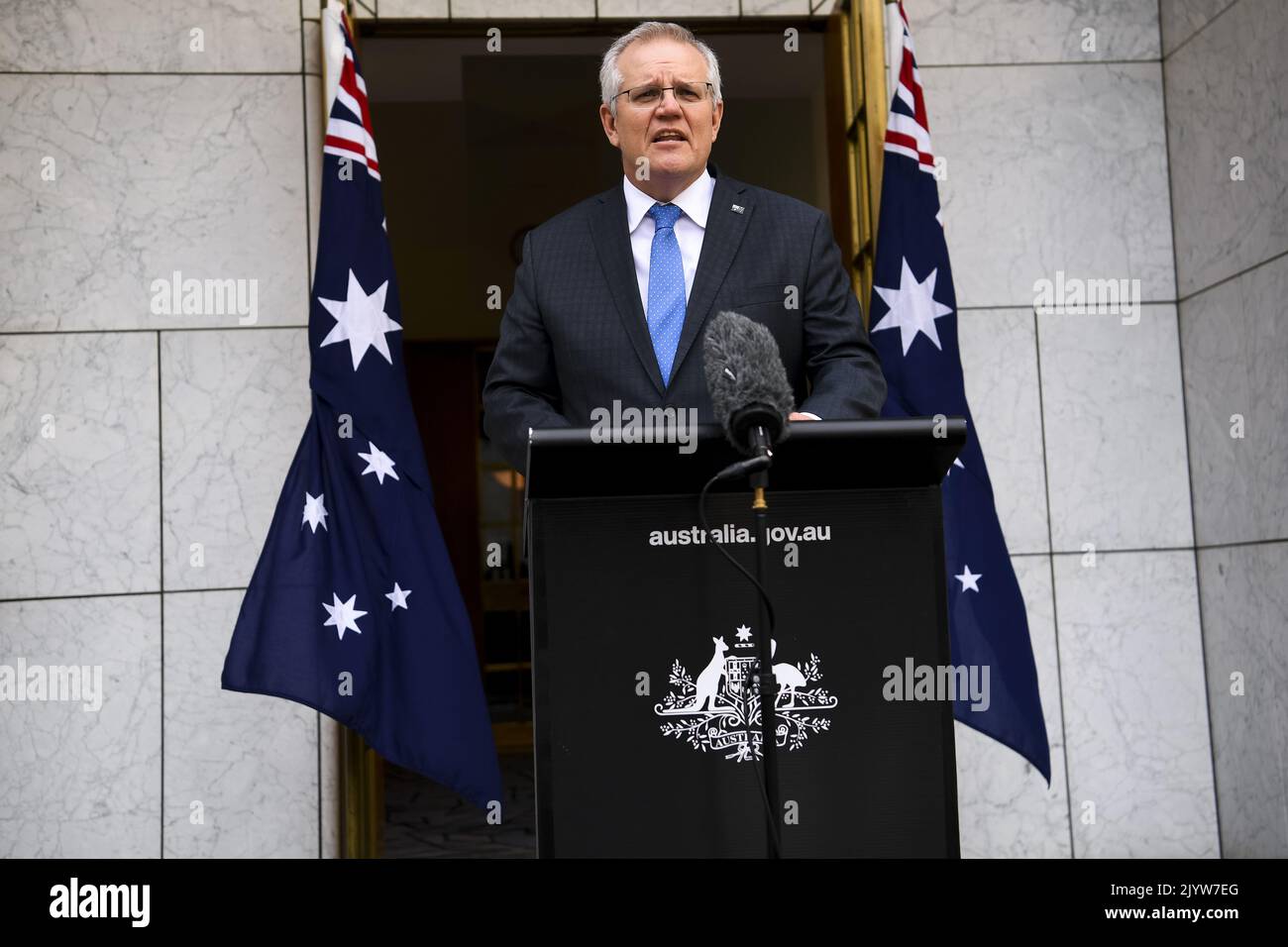 Australian Prime Minister Scott Morrison speaks to the media during a ...