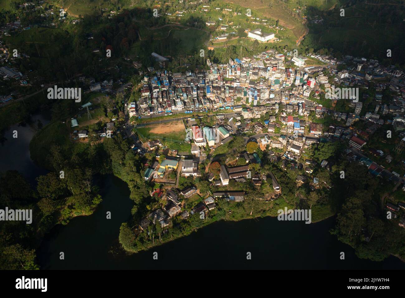 Top view of town of Maskeliya among the mountains and tea plantations ...