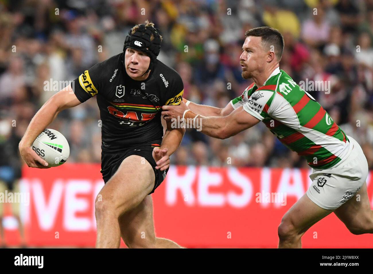 Panthers Matt Burton is tackled during the NRL Qualifying Final match ...