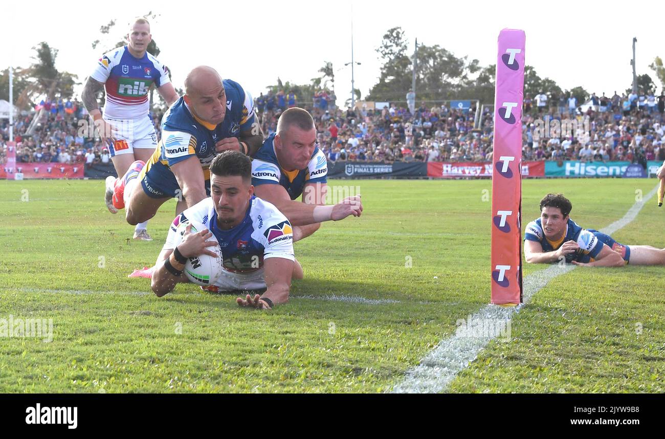 Enari Tuala of the Knights scores a try during the NRL Elimination ...