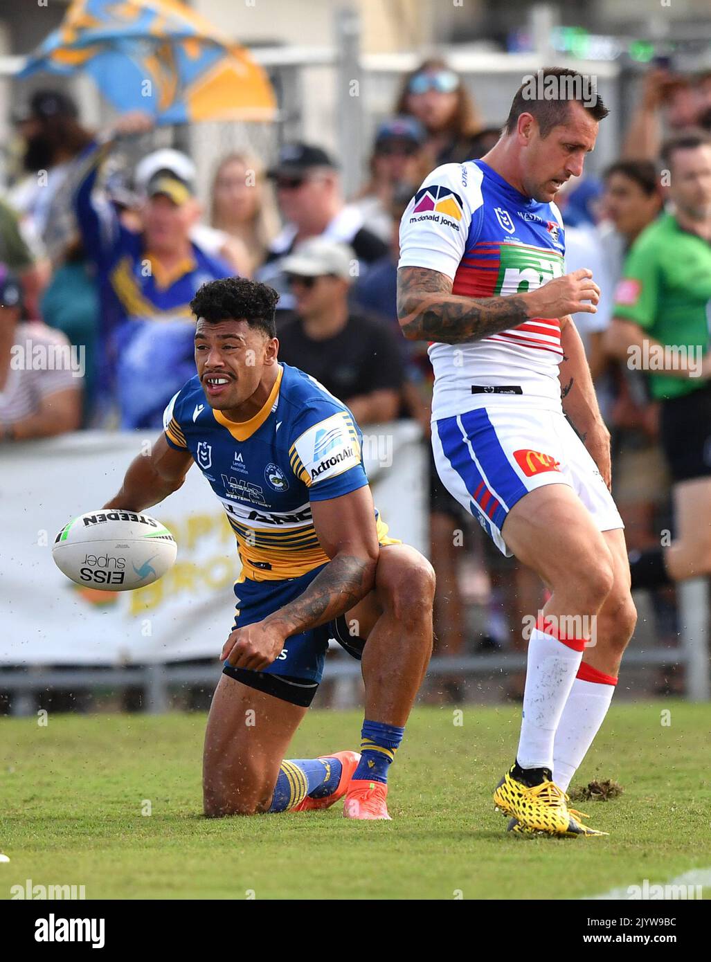 Waqa Blake (left) of the Eels celebrates scoring a try during the NRL ...