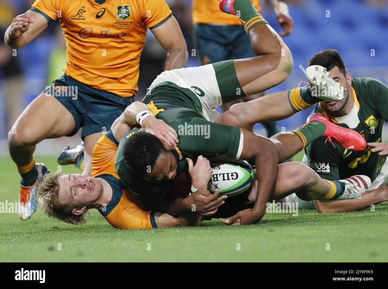 Tate McDermott of Australia Wallabies denies a try for Sbu Nkosi of the ...