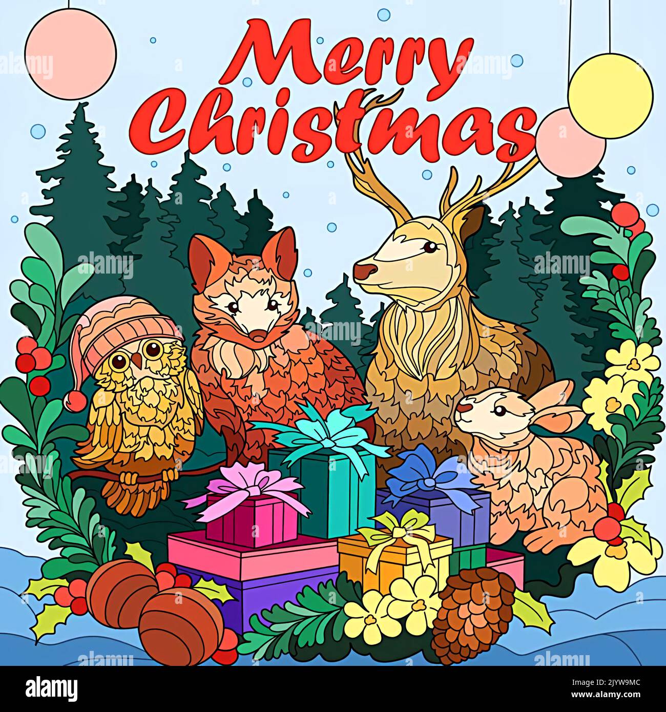 Merry Christmas, illustration of animals, gifts, flowers and trees ...