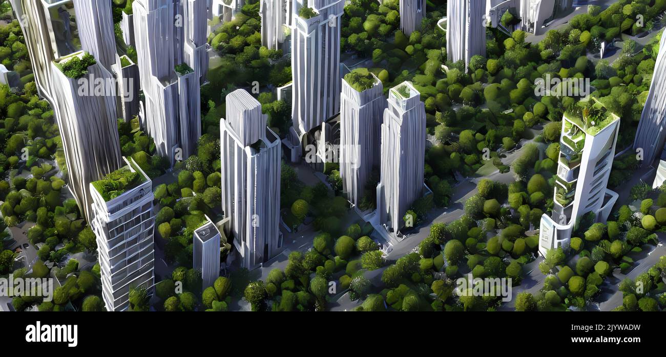 Abstract green city with high rise buildings and terraces covered in ...