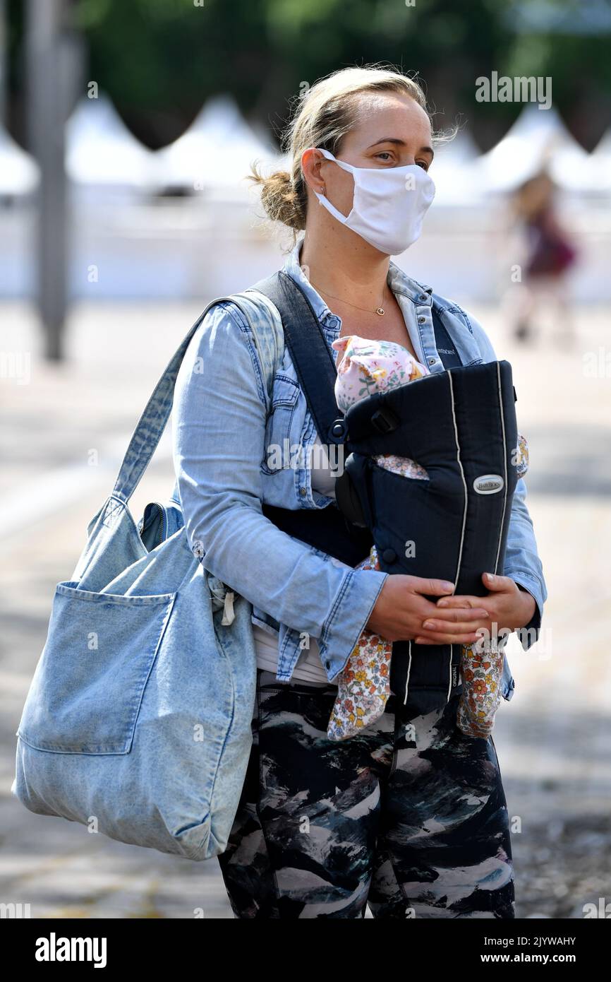 Mother Eleanor Hillard and her seven-week old child Maeve outside Qudos ...