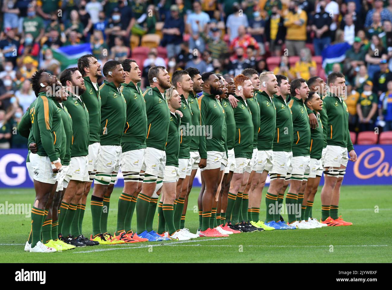 The Springboks are seen during their national anthem during the Round 4 ...