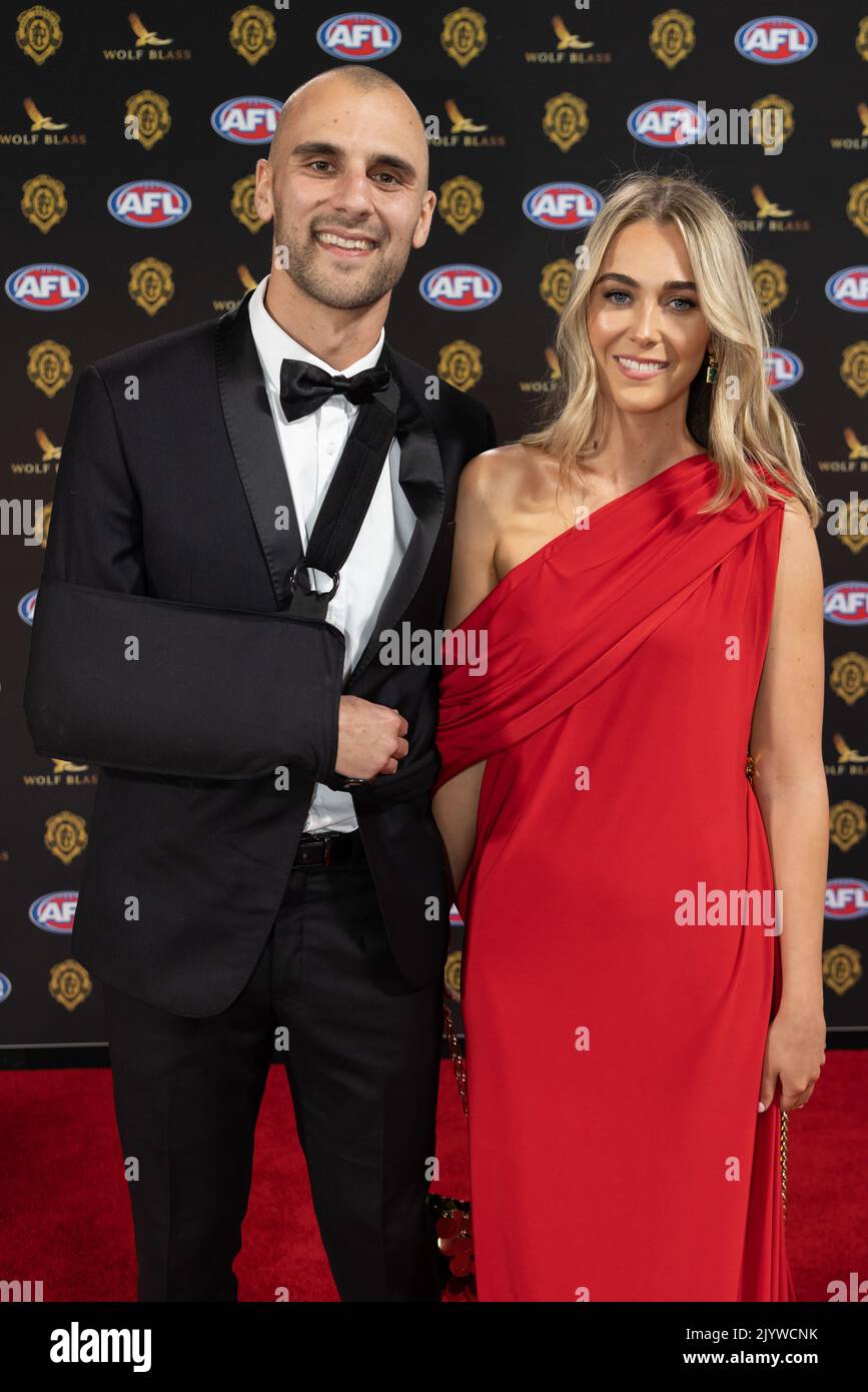 Dom Sheed of the Eagles and Brooke Parker arrive at the 2021 Brownlow ...