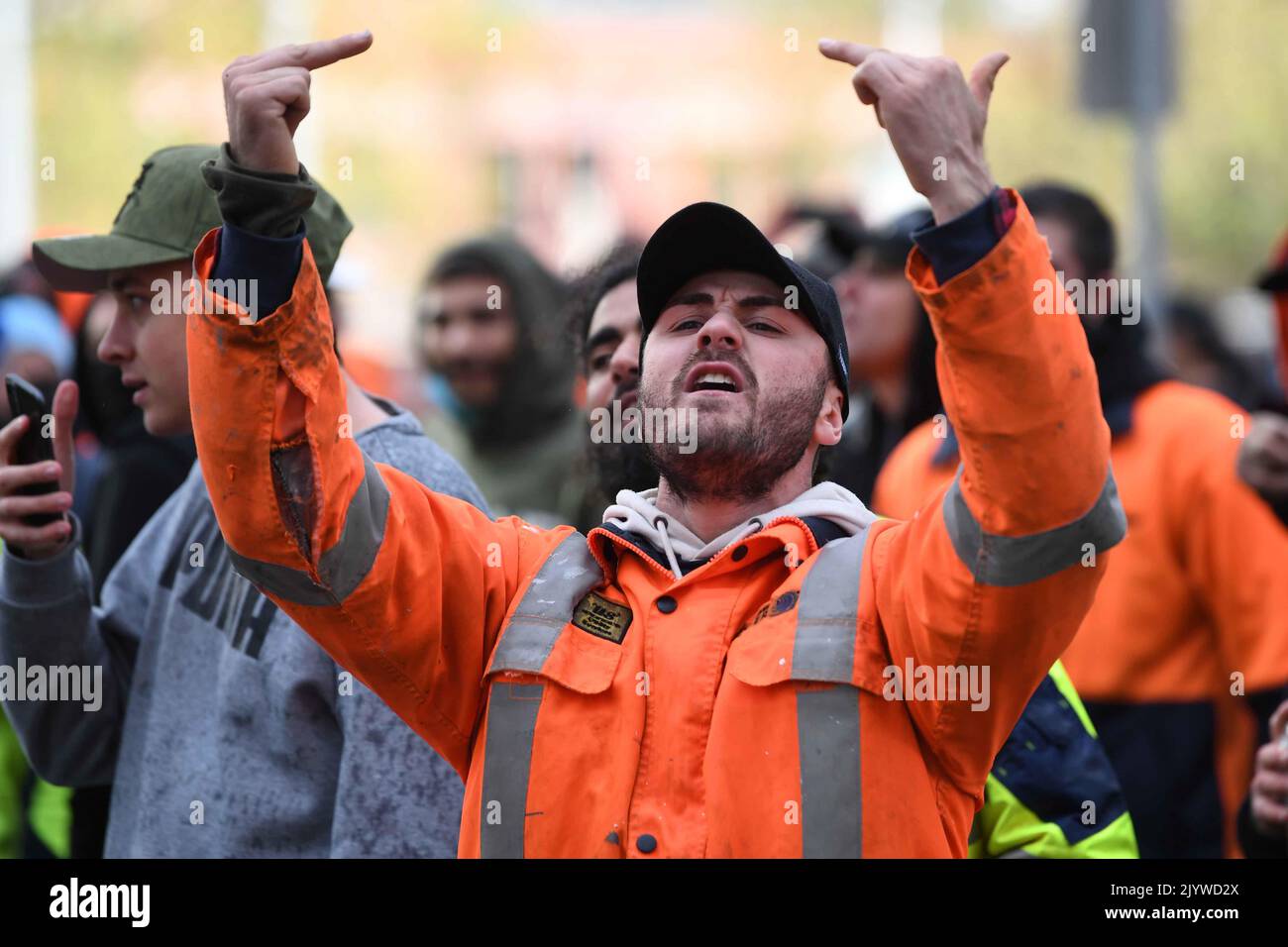 Construction workers are seen at a protest at Construction, Forestry ...